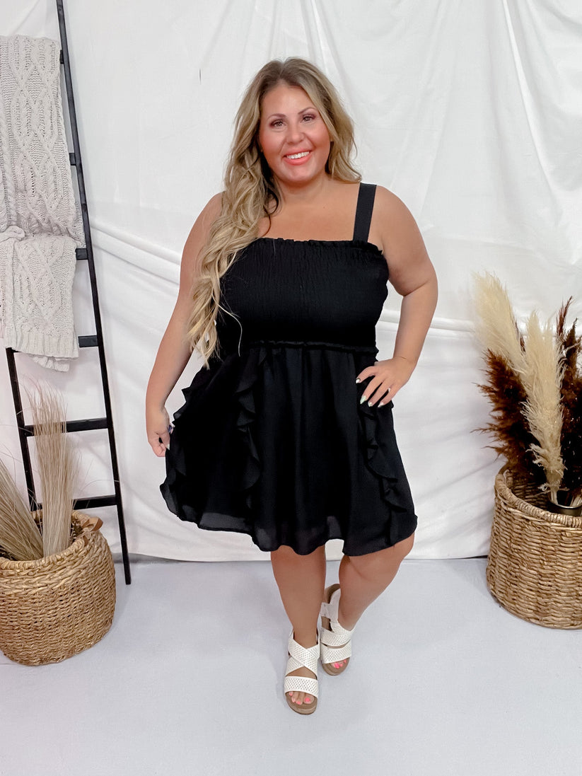Black Smocked Ruffle Bottom Dress - Whiskey Skies