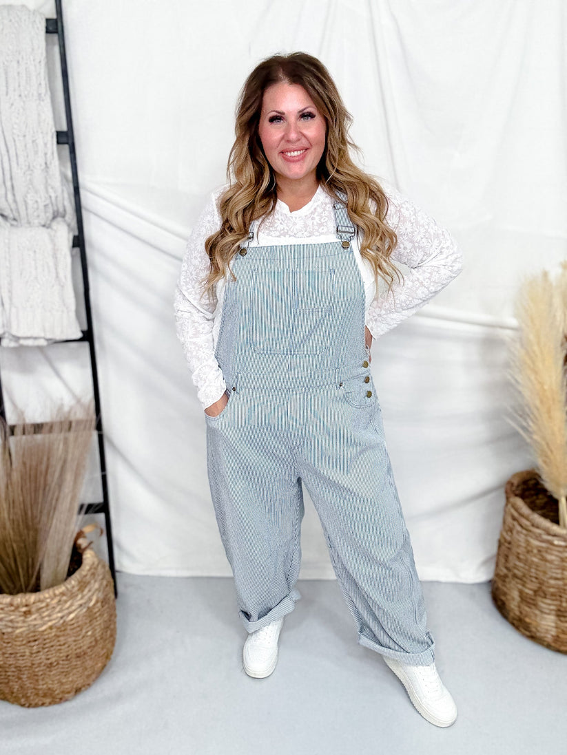 Blue & White Pinstriped Barrel Leg Overalls - Whiskey Skies