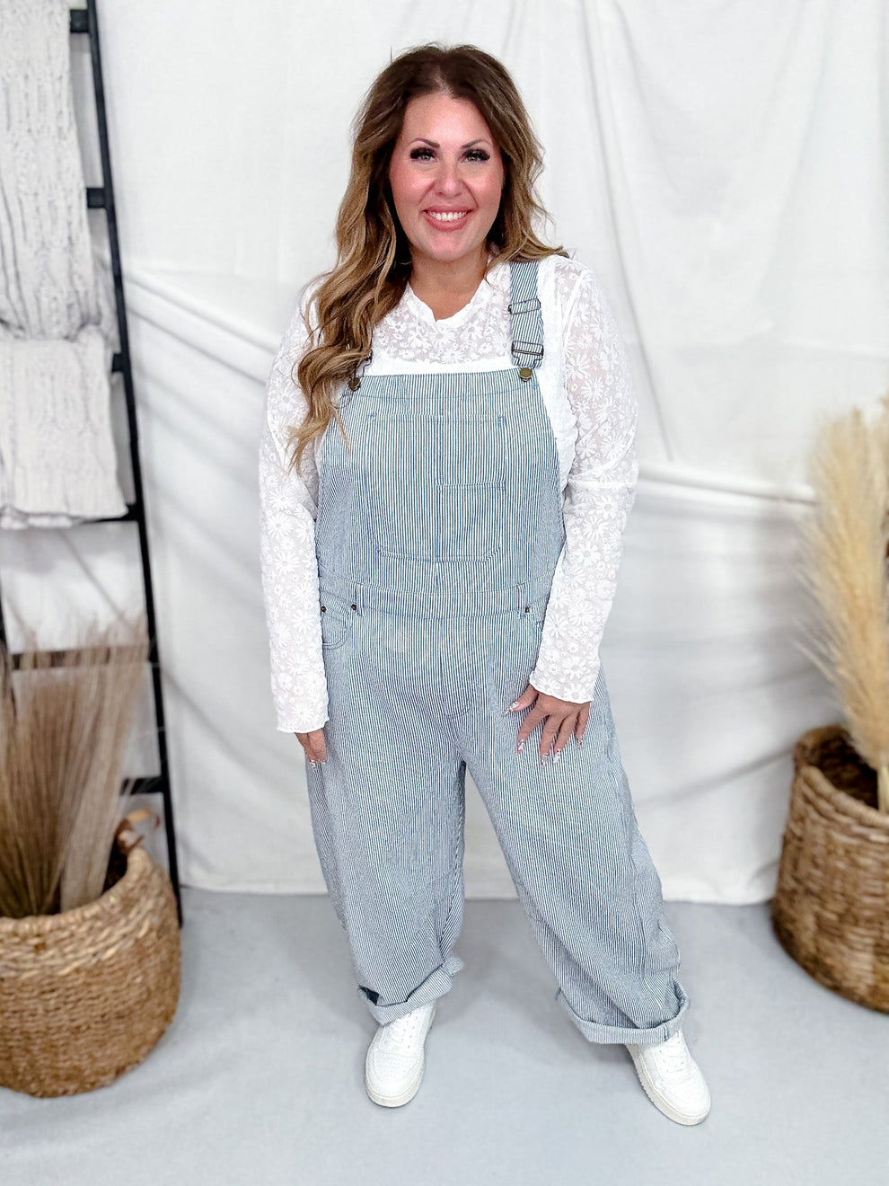 Blue & White Pinstriped Barrel Leg Overalls - Whiskey Skies