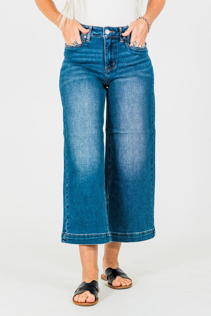 Judy Blue Cropped Wide Leg Mid-Rise Jeans With Wide Hems - Whiskey Skies