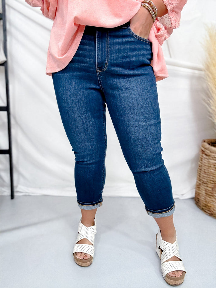 Judy Blue High-Waist Skinny Capris w/ Single Cuff - Whiskey Skies