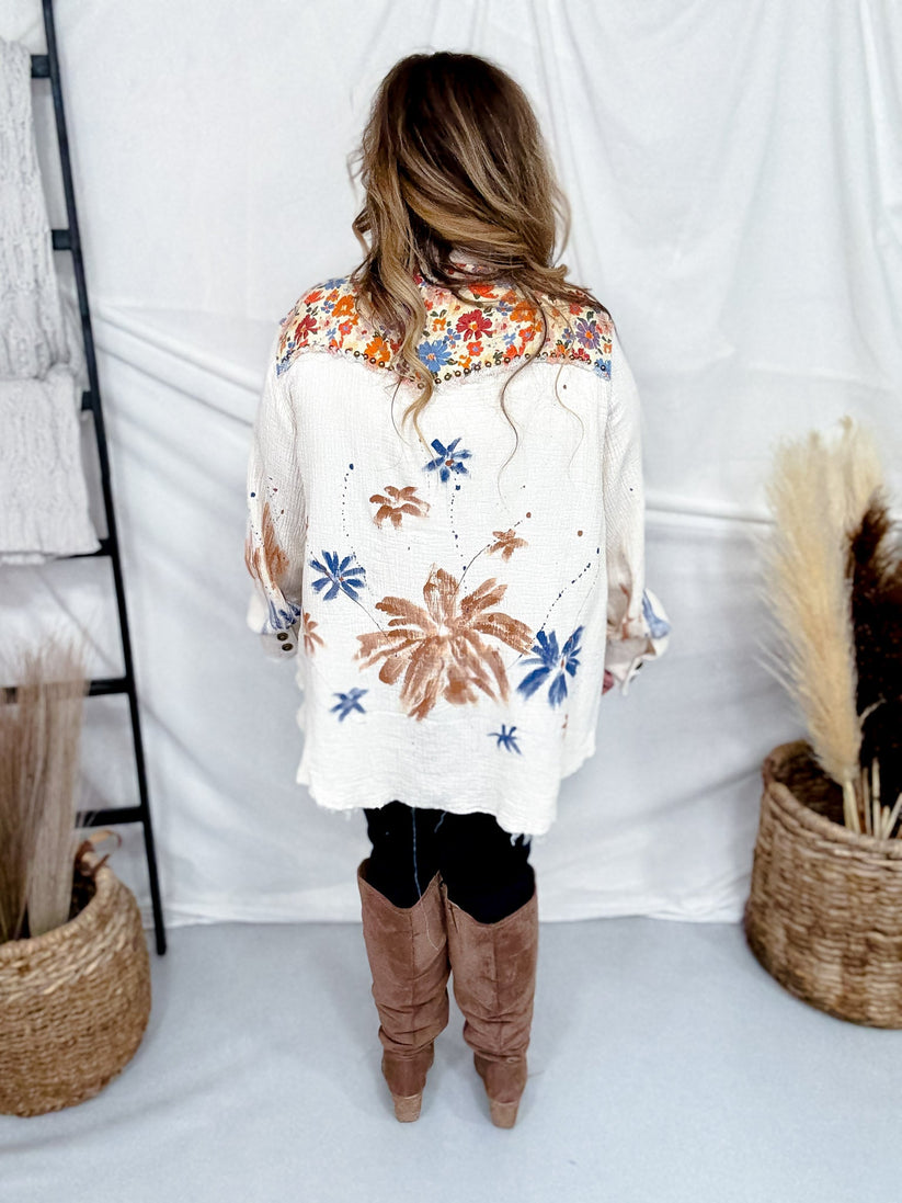 Long Sleeve Lightweight Shacket W/ Stud Embellishments - Whiskey Skies