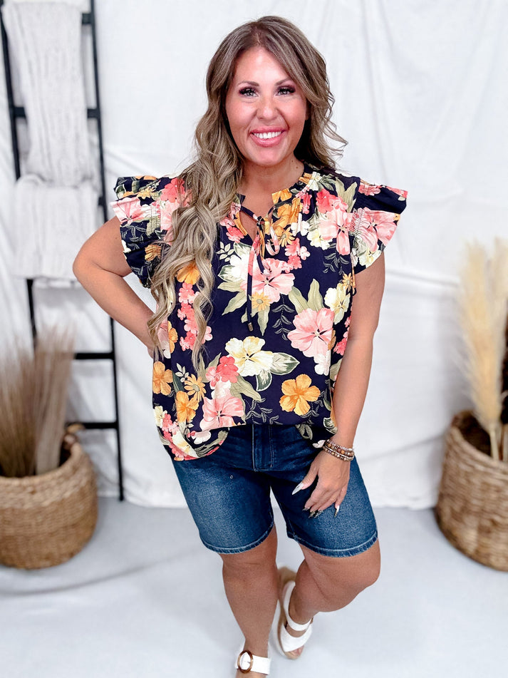Navy Blue Tropical Floral Print Blouse With Ruffle Sleeves - Whiskey Skies