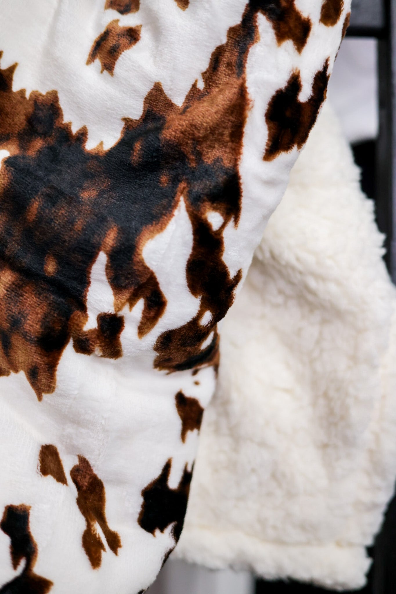 Tri-color Cowhide Plush Sherpa Throw - Whiskey Skies